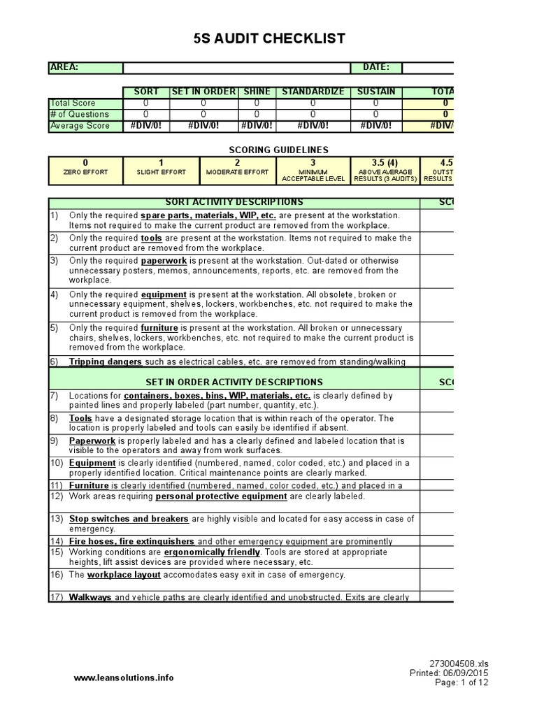 5S Audit checklist | Accessibility | Safety