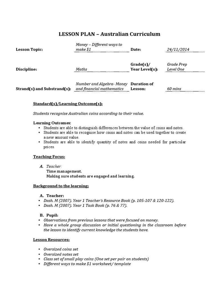 LESSON PLAN Australian Curriculum A Teacher PDF Curriculum