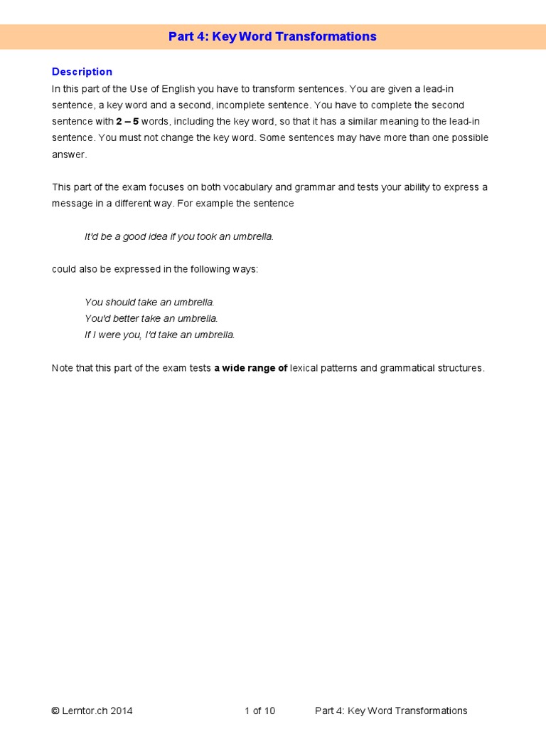 Part4 Key Word Transformations Overview | PDF | Phrase | Verb