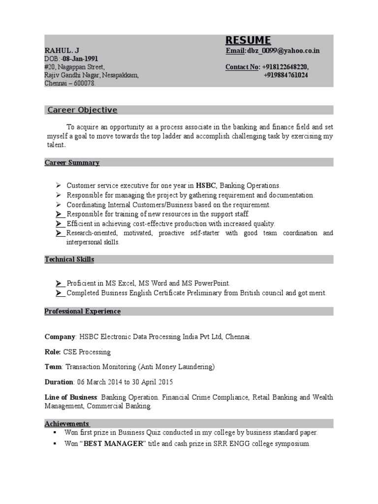 Rahul J's Resume Seeking a Process Associate Position in Banking and ...