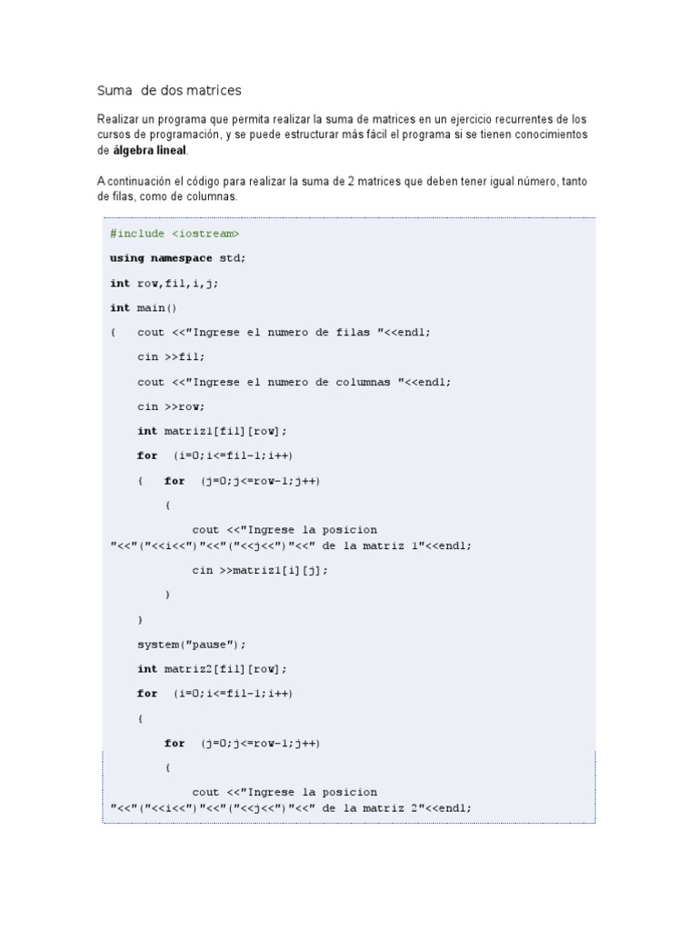Suma de Dos Matrices en C++ | PDF | C ++ | Matriz (Matemáticas)