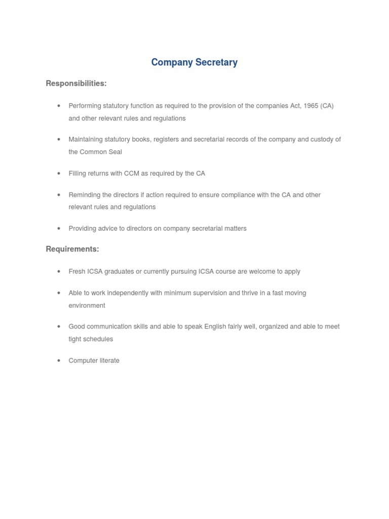 Company Secretary Role & Requirements | PDF