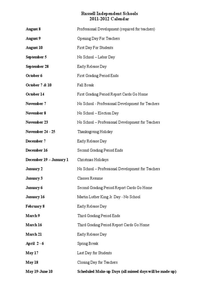 Russell Independent Schools 2011-2012 Calendar | PDF | Language Arts ...