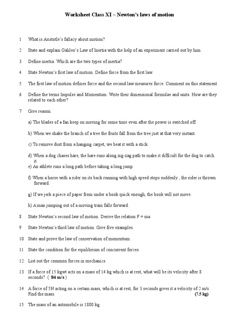 Types Of Motion Worksheets Worksheet Class XI Laws Of Motion | PDF