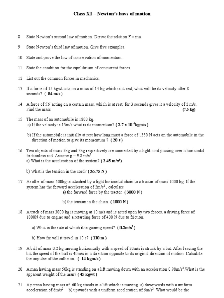 Class 11 Laws of Motion Questions | PDF | Force | Mass