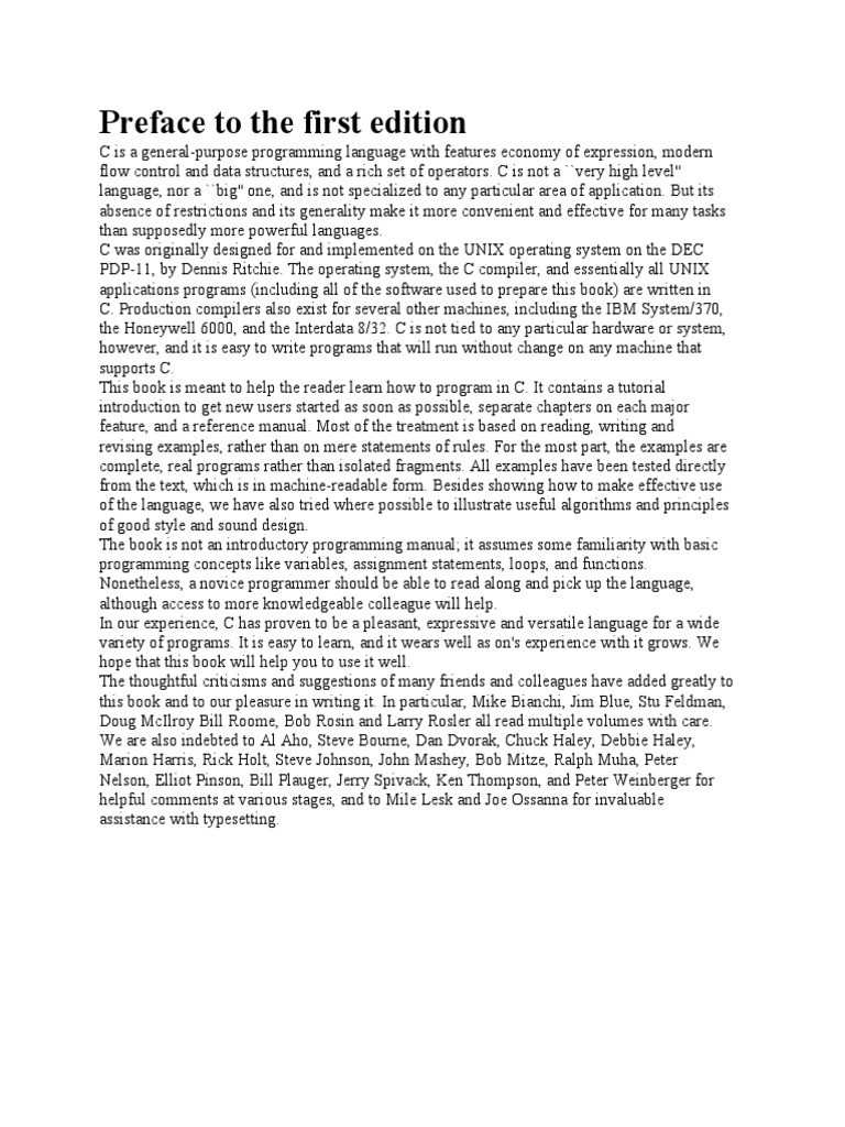 Preface To The First Edition C Programming Language Programming Language