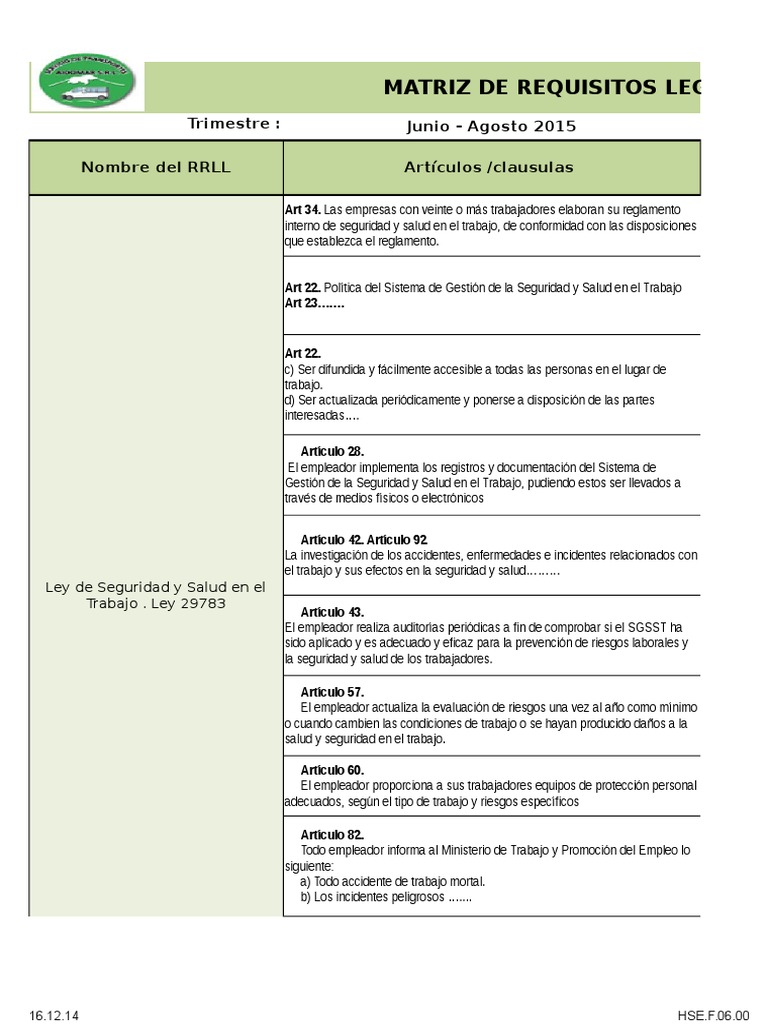 HSE.F.06.00 Matriz de Requisitos Legales y Evaluacion Del Cumplimiento - REGISTRO
