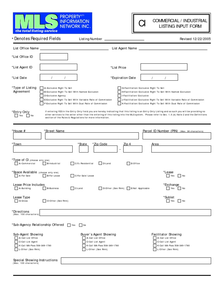 Denotes Required Fields : Commercial / Industrial Listing Input Form ...