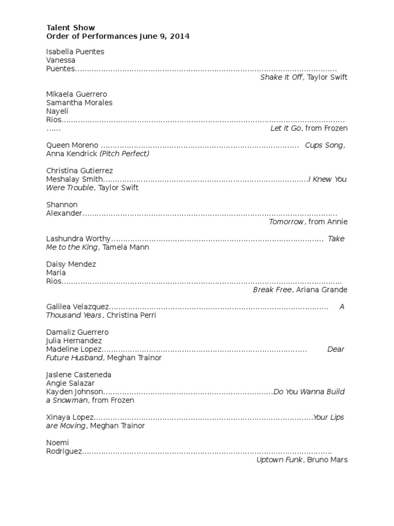 2014 Talent Show Performance Order | PDF