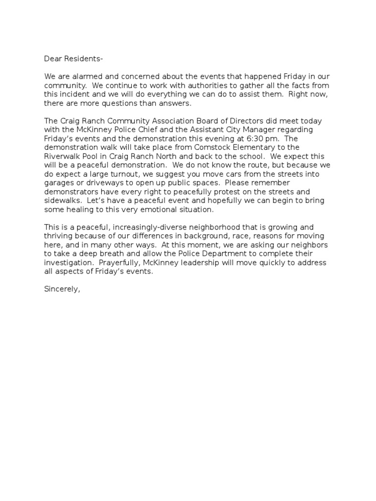 Craig Ranch HOA Letter To Residents | PDF | Social Science