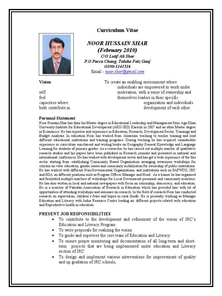 Noor Hussain Shar (February 2010) : Curriculum Vitae | PDF | Literacy ...