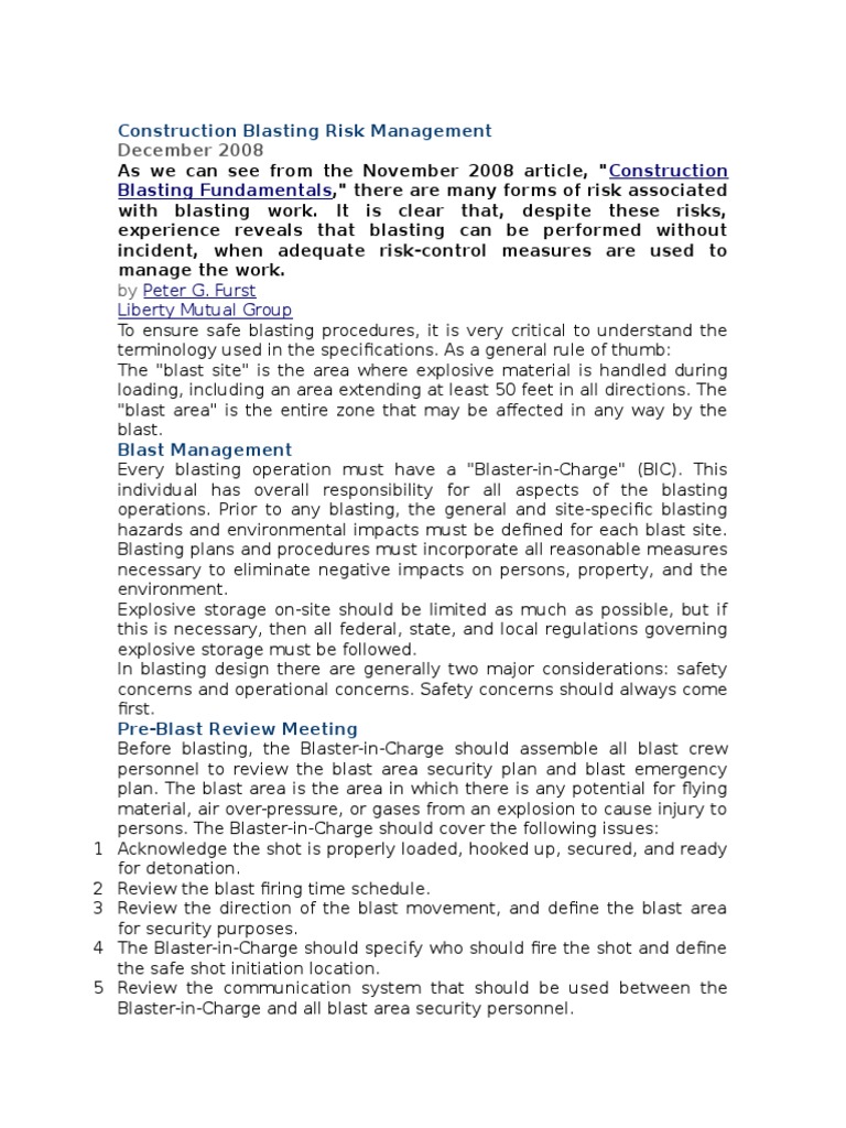 Construction Blasting Fundamentals: December 2008 | PDF | Explosion | Risk