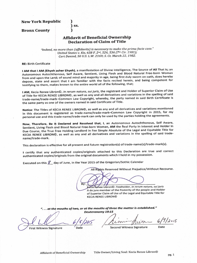 Affidavit of Beneficial Ownership Declaration of Claim of Title | PDF