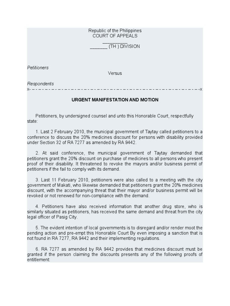 Motion To Resolve Sample | PDF | Injunction | Identity Document