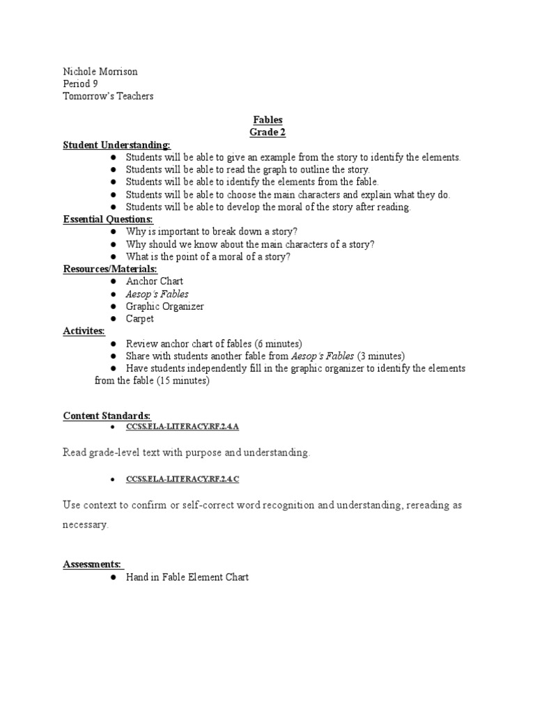 Grade 2 Fables Lesson Plan | PDF | General Fiction
