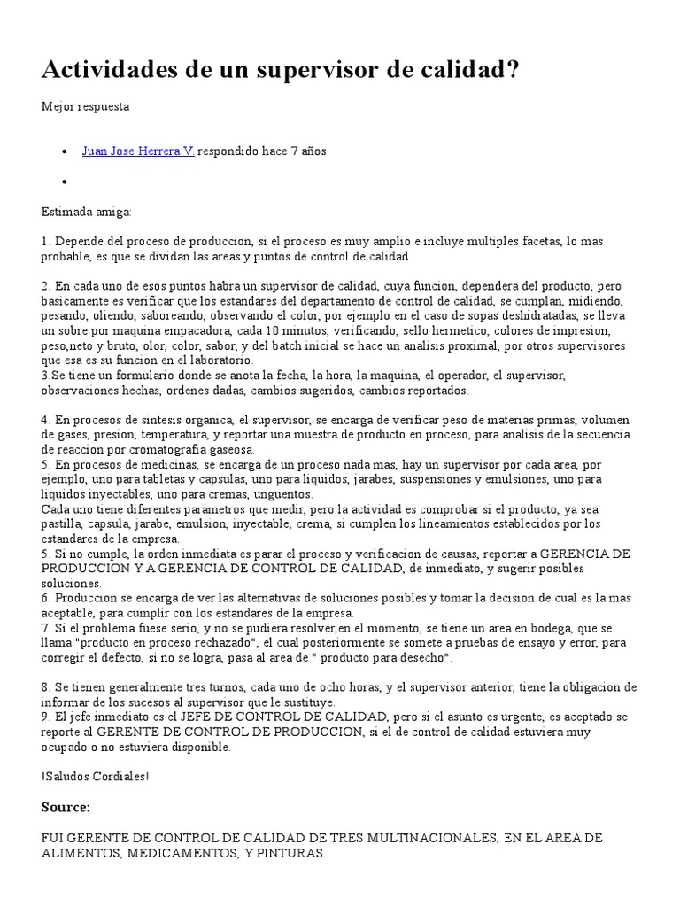 Funciones del Supervisor de Calidad | PDF | Cromatografía de gases ...