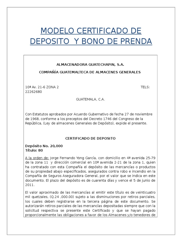 Modelo Certificado De Deposito Y Bono De Prenda Guatemala Propiedad