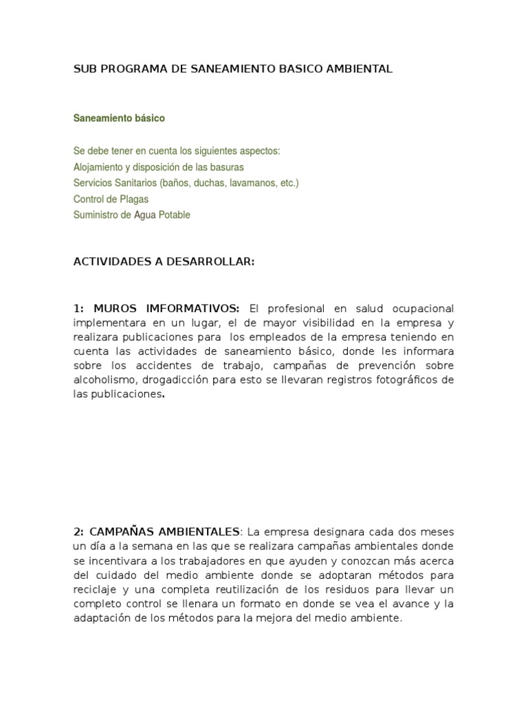 Sub Programa de Saneamiento Basico Ambiental | PDF | Saneamiento | Residuos