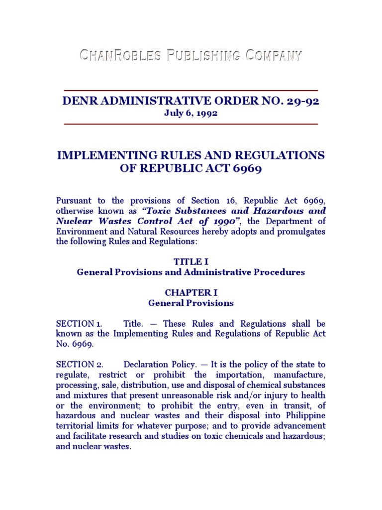 RA 6969 Implementing Rules & Regulations | PDF | Hazardous Waste ...