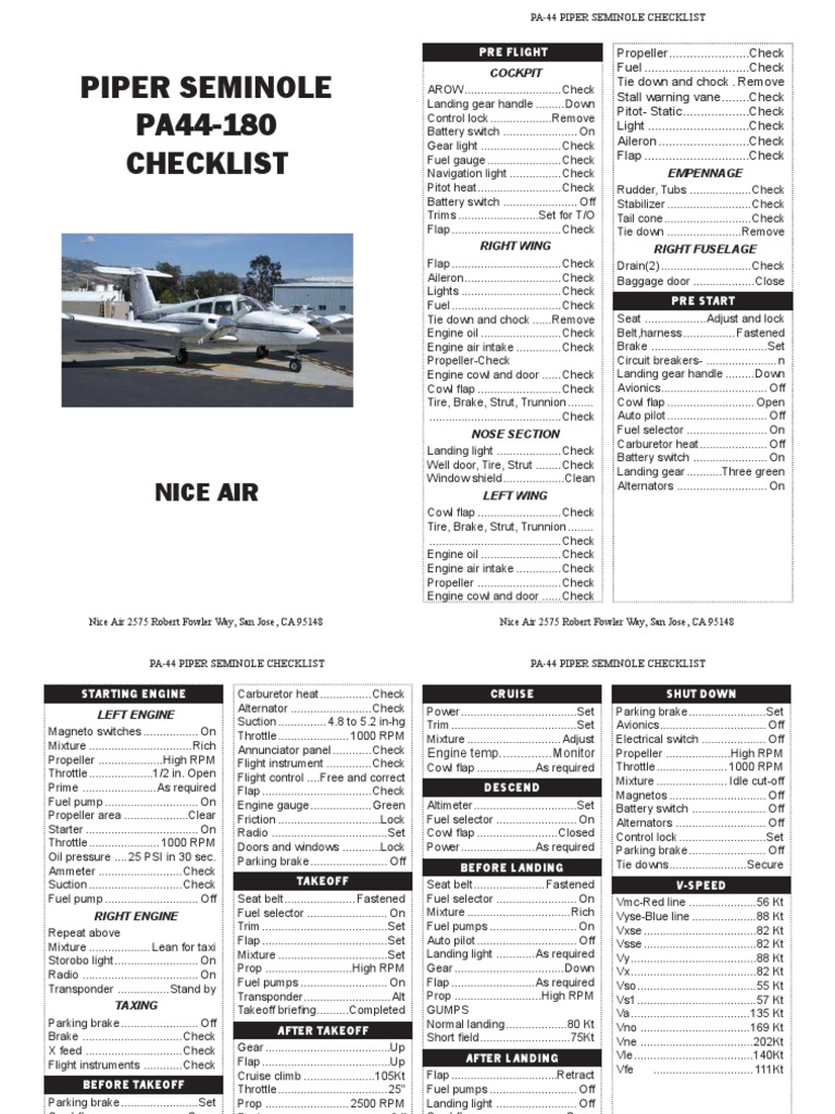 Piper Seminole PA44-180 Checklist: Nice Air | Throttle | Carburetor