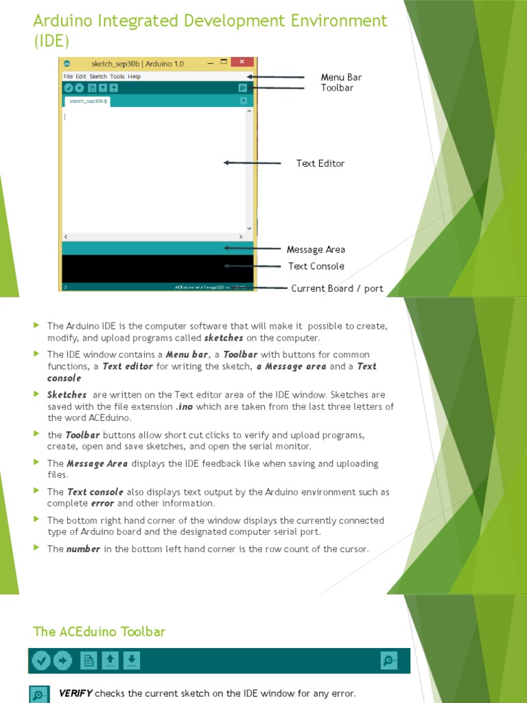Arduino Integrated Development Environment (IDE) : Menu Bar Toolbar | PDF