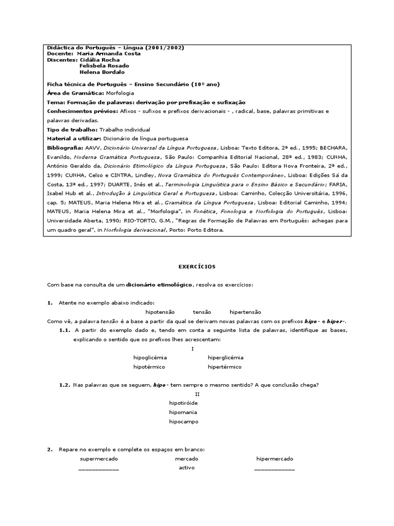 Formação de Palavras: Prefixação e Sufixação | PDF | Português (idioma ...