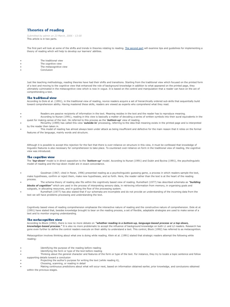 Theories of Reading | PDF | Reading (Process) | Top Down And Bottom Up ...
