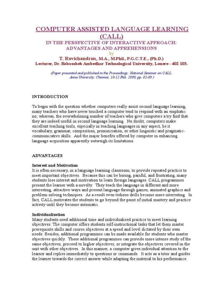 Computer Assisted Language Learning (CALL) : in The Perspective of ...