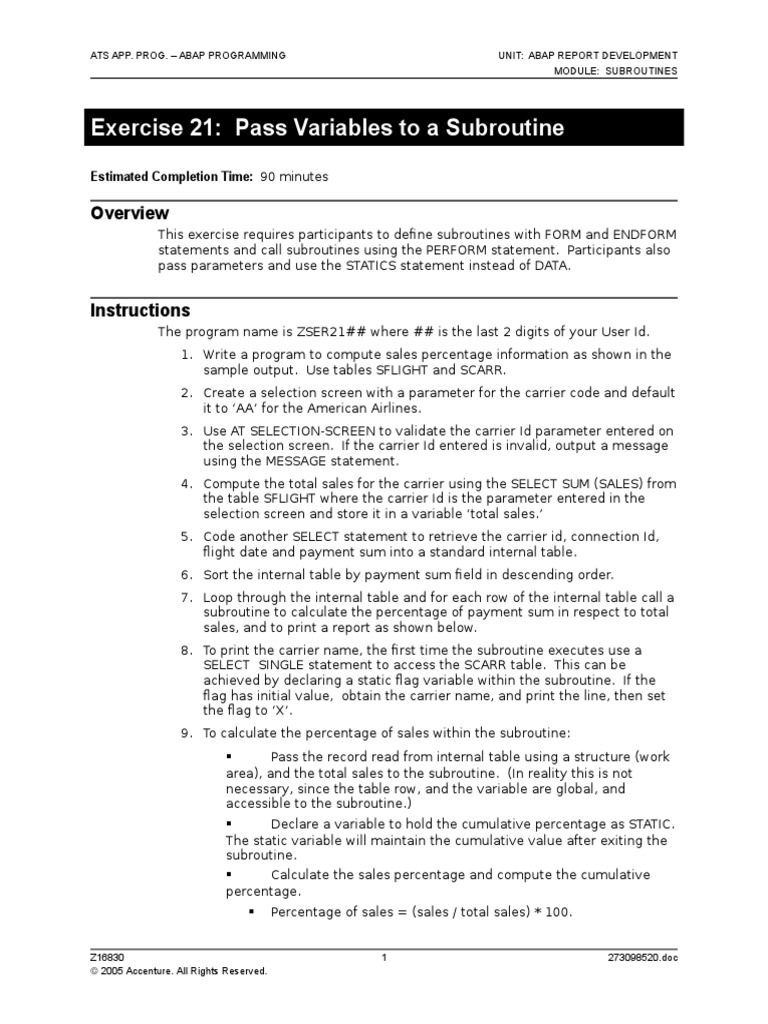 ABAP Subroutine Variable Passing Guide | PDF | Subroutine | Parameter (Computer Programming)