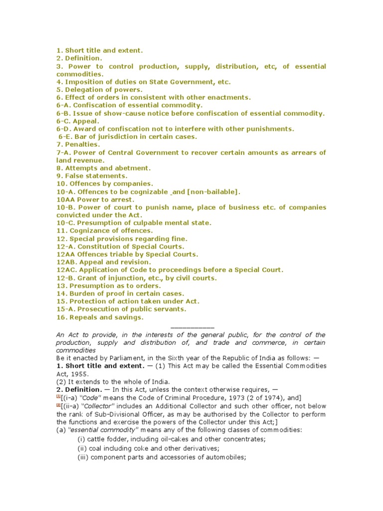 The Essential Commodities Act 1955 | PDF | Legal Personality | Auction