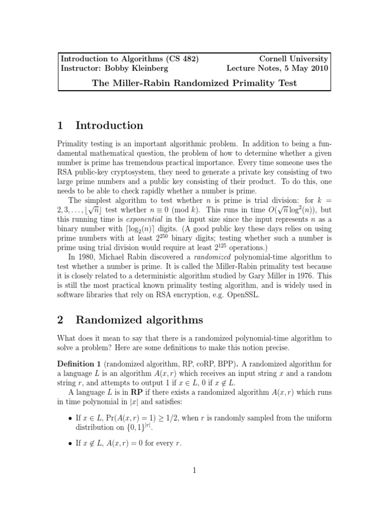 The Miller-Rabin Randomized Primality Test | PDF | Prime Number ...