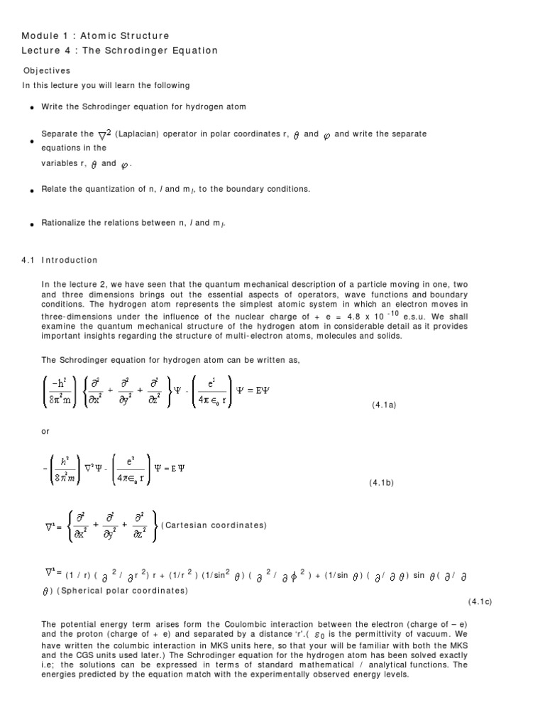 Module 1: Atomic Structure Lecture 4: The Schrodinger Equation | PDF ...