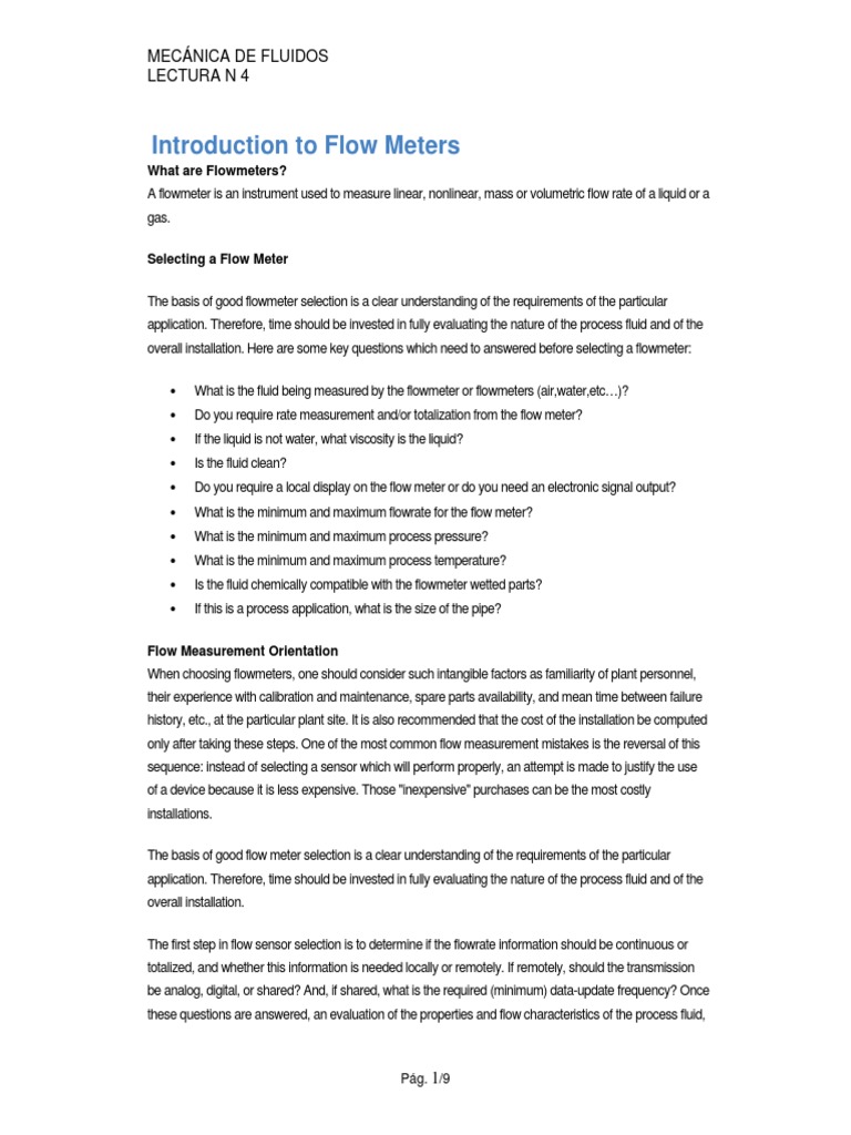 LECTURA N 8 Introduction To Flow Meters | PDF | Flow Measurement ...