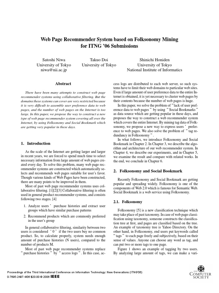 Web Page Recommender System Based On Folksonomy | PDF | Tag (Metadata) | Cluster Analysis