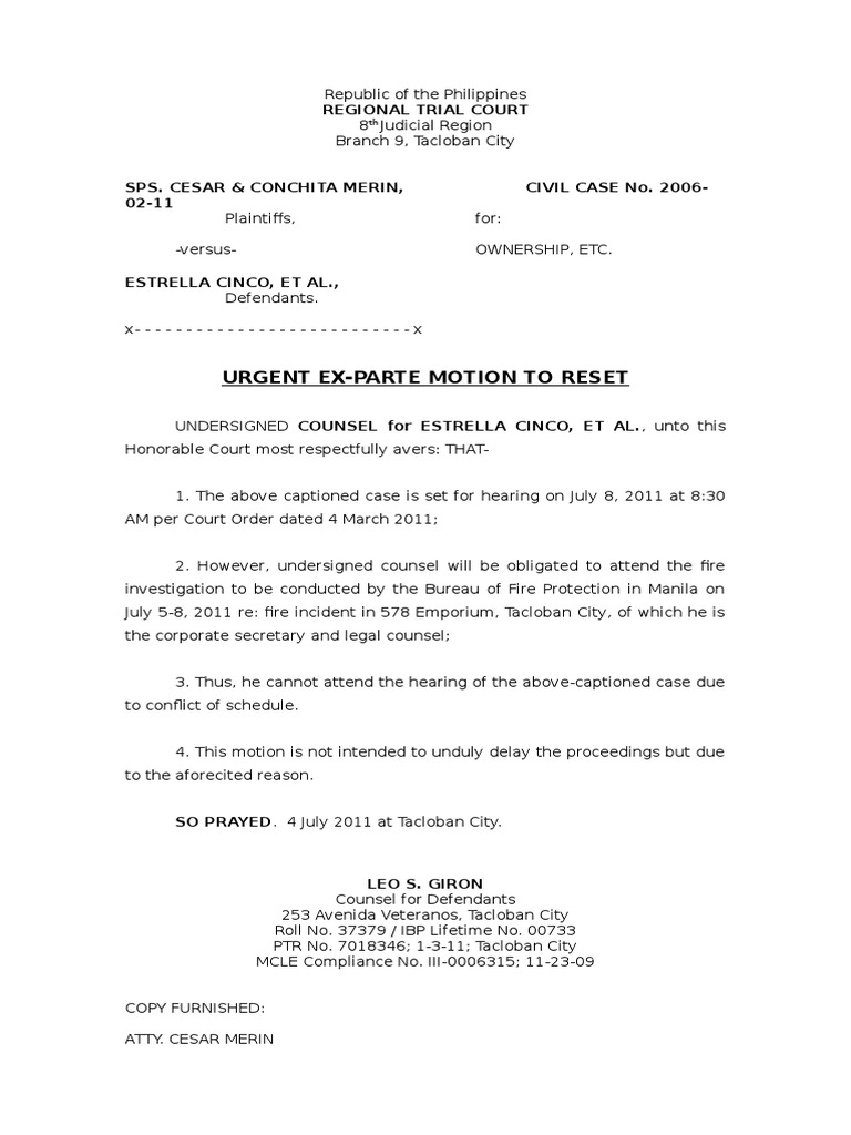 Urgent Motion to Reset Hearing Date | PDF