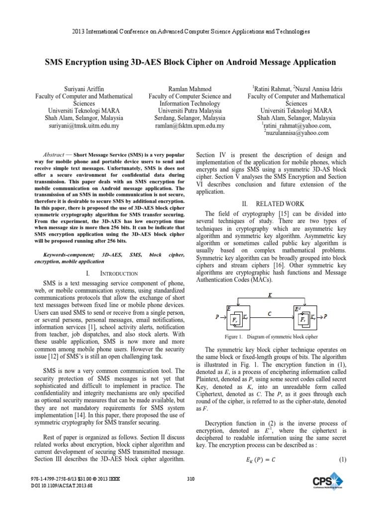 SMS Encryption Using 3D-AES Block Cipher On Android Message Application | PDF | Cipher ...