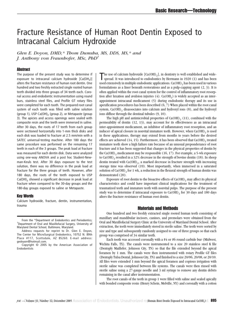 Fracture Resistance Of Human Root Dentin Exposed To Intracanal Calcium Hydroxide Human Tooth