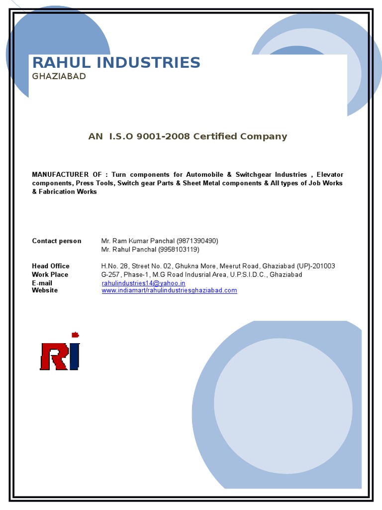 Rahul Industries Company Profile | PDF | Sheet Metal | Metal Fabrication