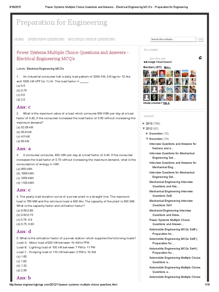 Power Systems Multiple Choice Questions and Answers - Electrical ...