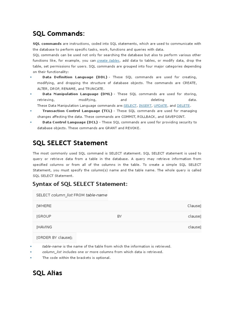 Sql Commands Syntax Of Sql Select Statement Pdf Sql Information 5020