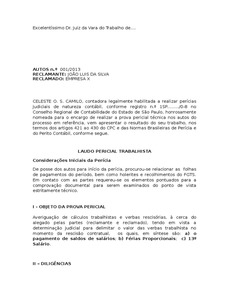 Laudo Pericial Modelo | Banco de Horas | Prova (Direito)