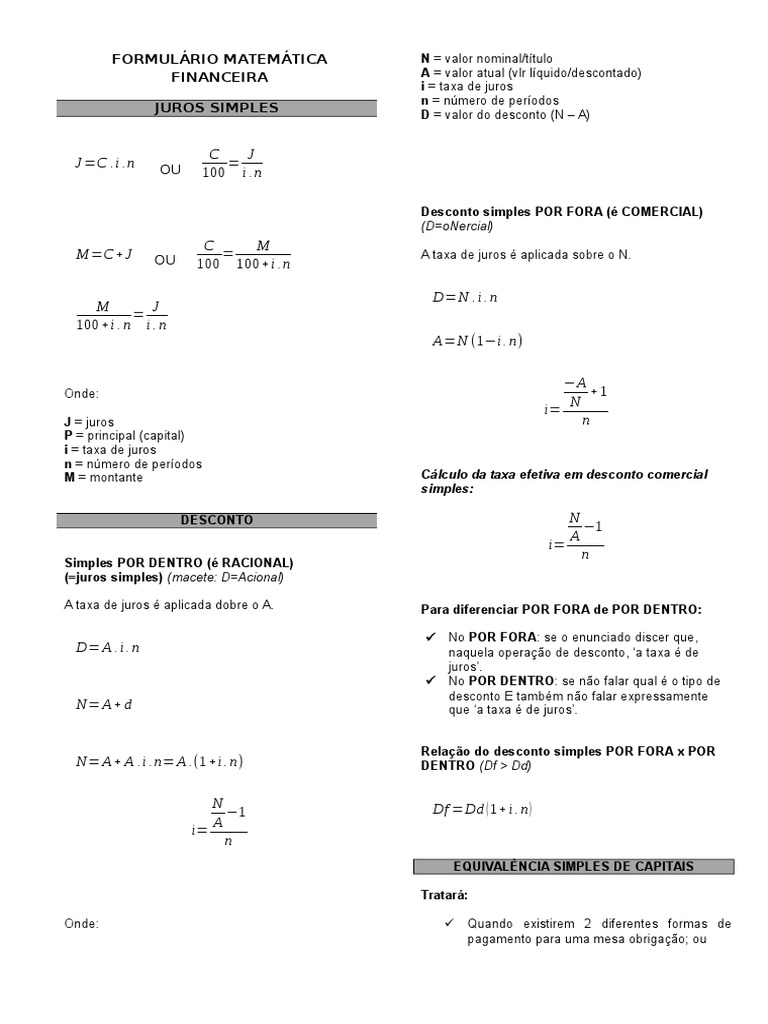 Formulas Matematica Financeira | PDF | Desconto | Juros