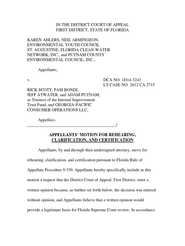 Appellants' Motion For Rehearing, Clarification, and Certification | PDF | Supreme Courts | Appeal