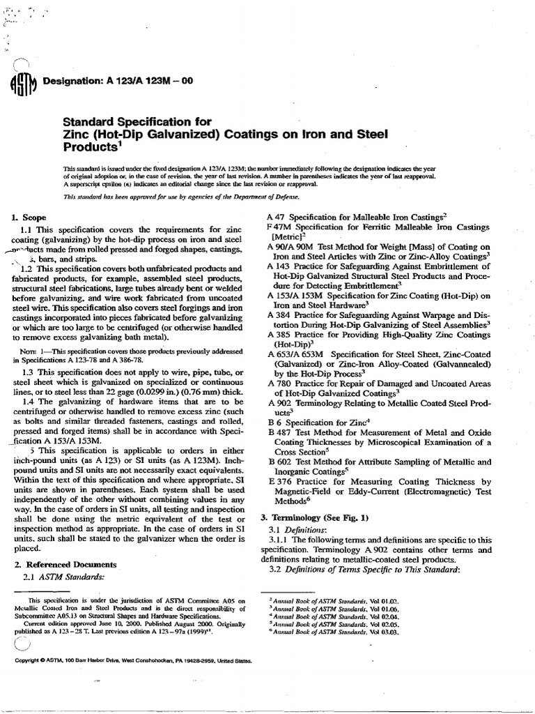 Astm A123 | PDF | Galvanization | Metalworking