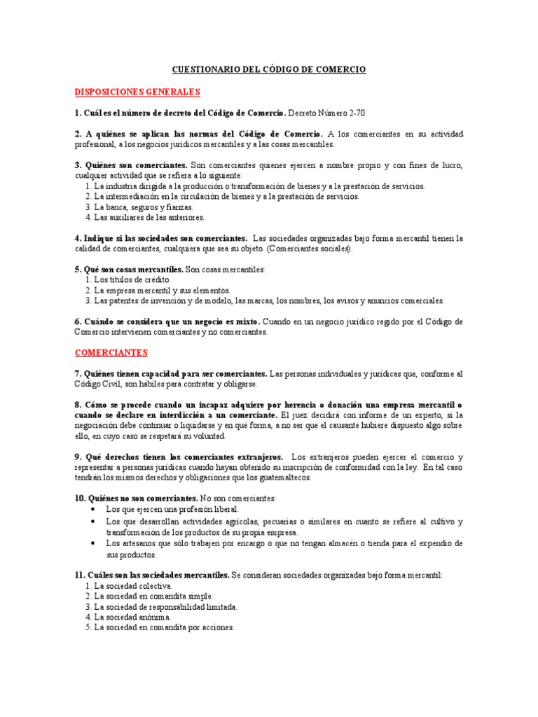 Cuestionario Del Código de Comercio 1 | PDF | Sociedad de responsabilidad limitada | Compartir ...