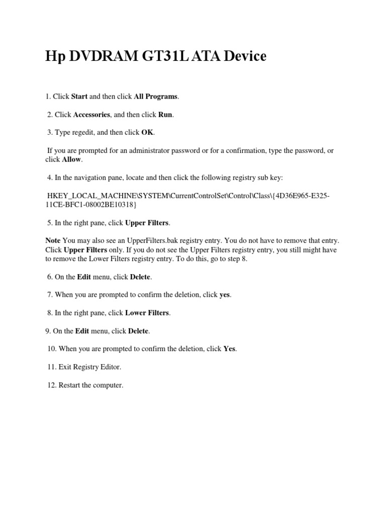 HP Dvdram Gt31l Ata Device | PDF | Windows Registry | Ibm Pc Compatibles