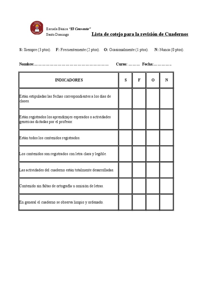 Lista de Cotejo para Cuadernos Escolar | PDF | Aprendizaje ...