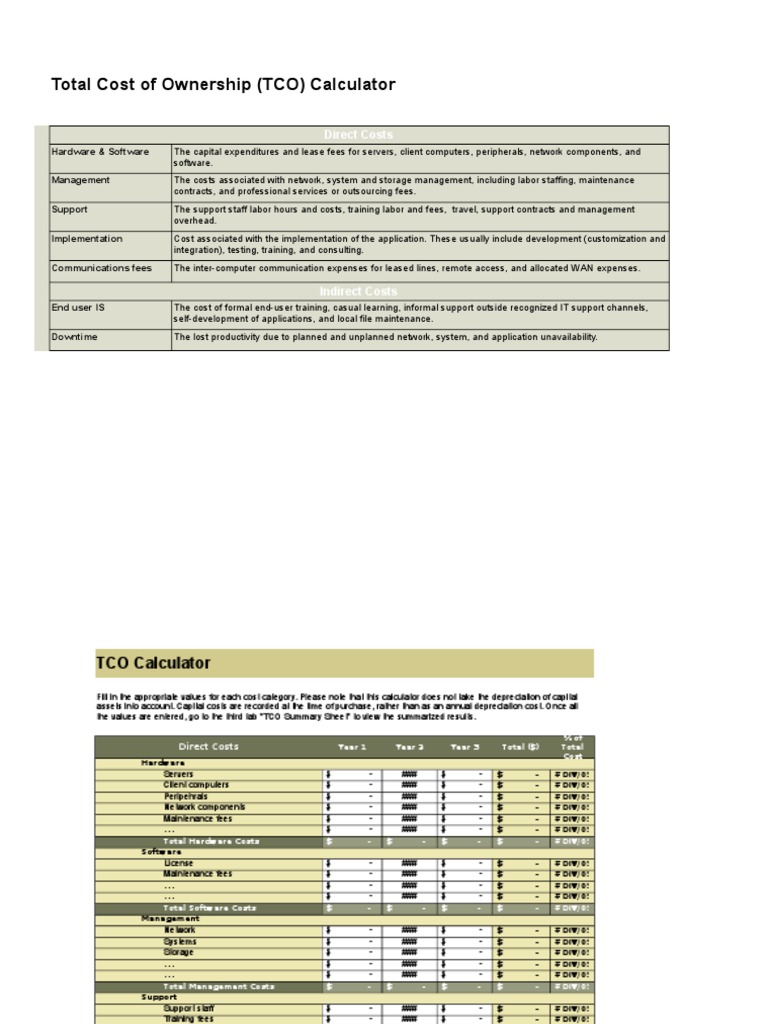 Total Cost of Ownership (TCO) Calculator: Direct Costs | PDF | Expense | Total Cost Of Ownership