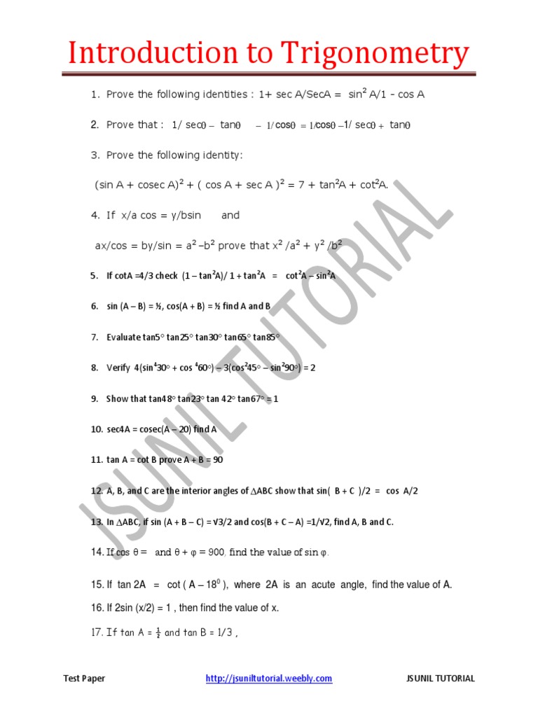 10th Introduction to Trigonometry Test Paper. | Trigonometric Functions ...