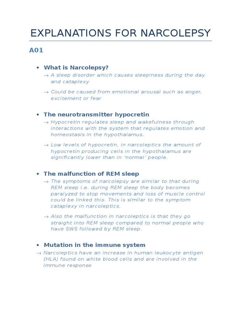 Explanations For Narcolepsy | PDF | Sleep | Animal Physiology